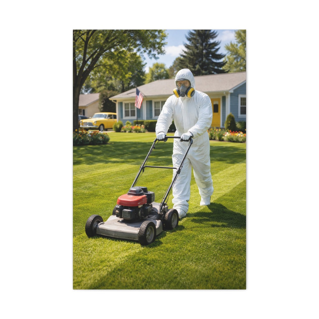 Suburban Survival: Hazmat Suit Lawn Mowing Canvas Print | Dark Humor S ...