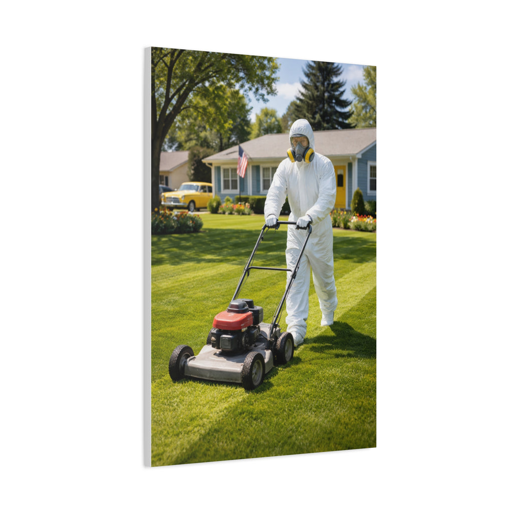 Suburban Survival: Hazmat Suit Lawn Mowing Canvas Print | Dark Humor S ...