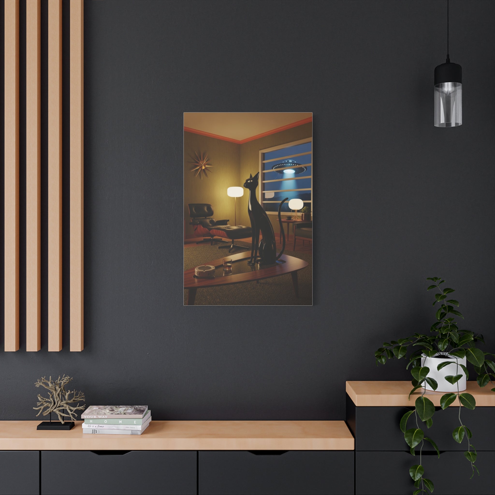 Midnight Visitor: Mid-Century Black Cat & UFO Canvas Print | Retro Sci ...