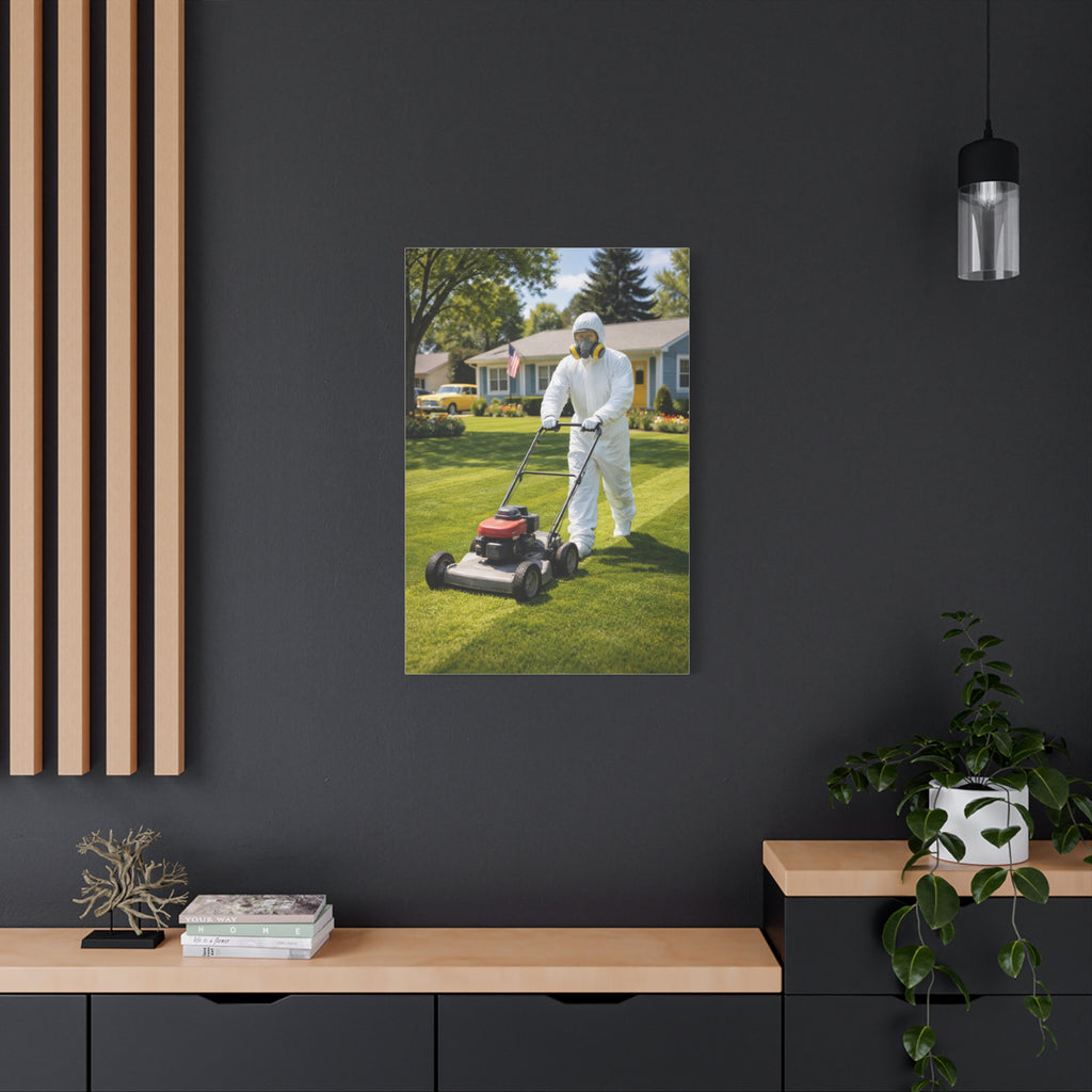 Suburban Survival: Hazmat Suit Lawn Mowing Canvas Print | Dark Humor S ...